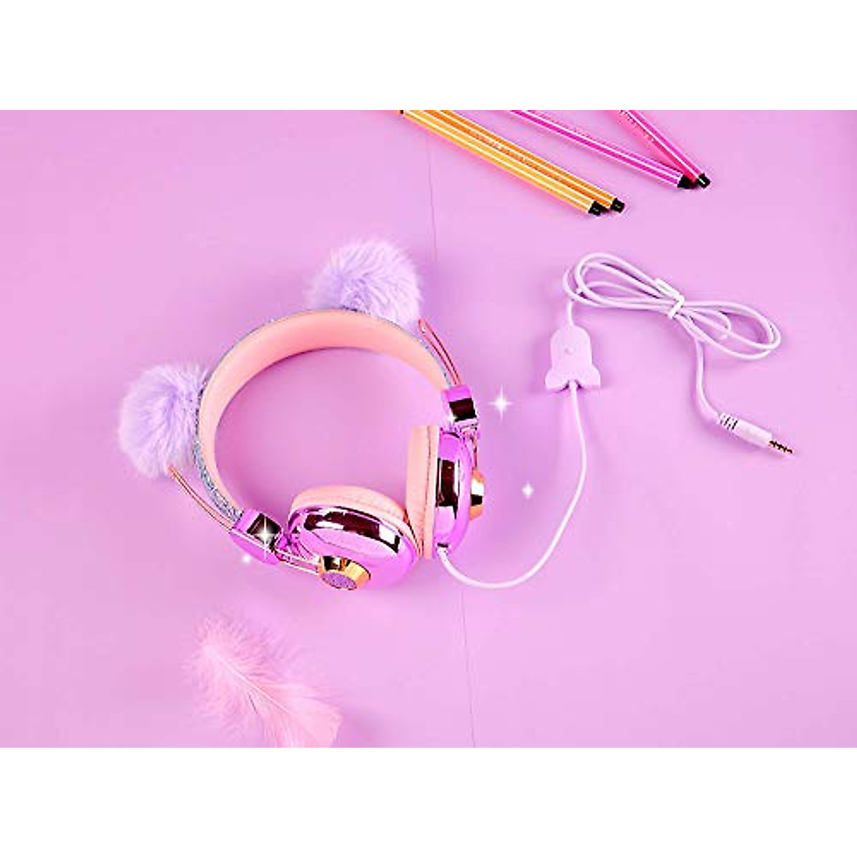 Beluky--Tech Kids Headphones Girls Glitter Bear Ear Volume Limiting Adjustable Cute Anime Wired Headphones for Girls Boys School (Purple-Bear Ear)