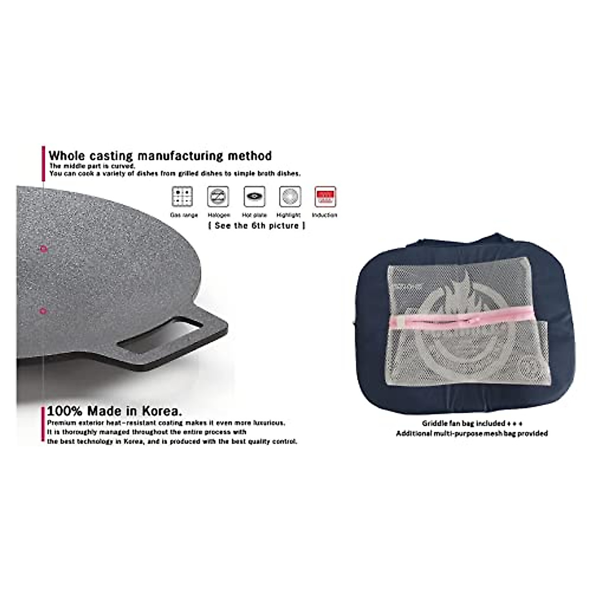 Kitchen Art Korean Hangil BBQ Grill Non-stick Grill/Natural Material 6 Layer Coating/[Made In Korea]Circular size 13 inches,15.3 inches[Bag included] Can be used for both home and outdoor stoves.