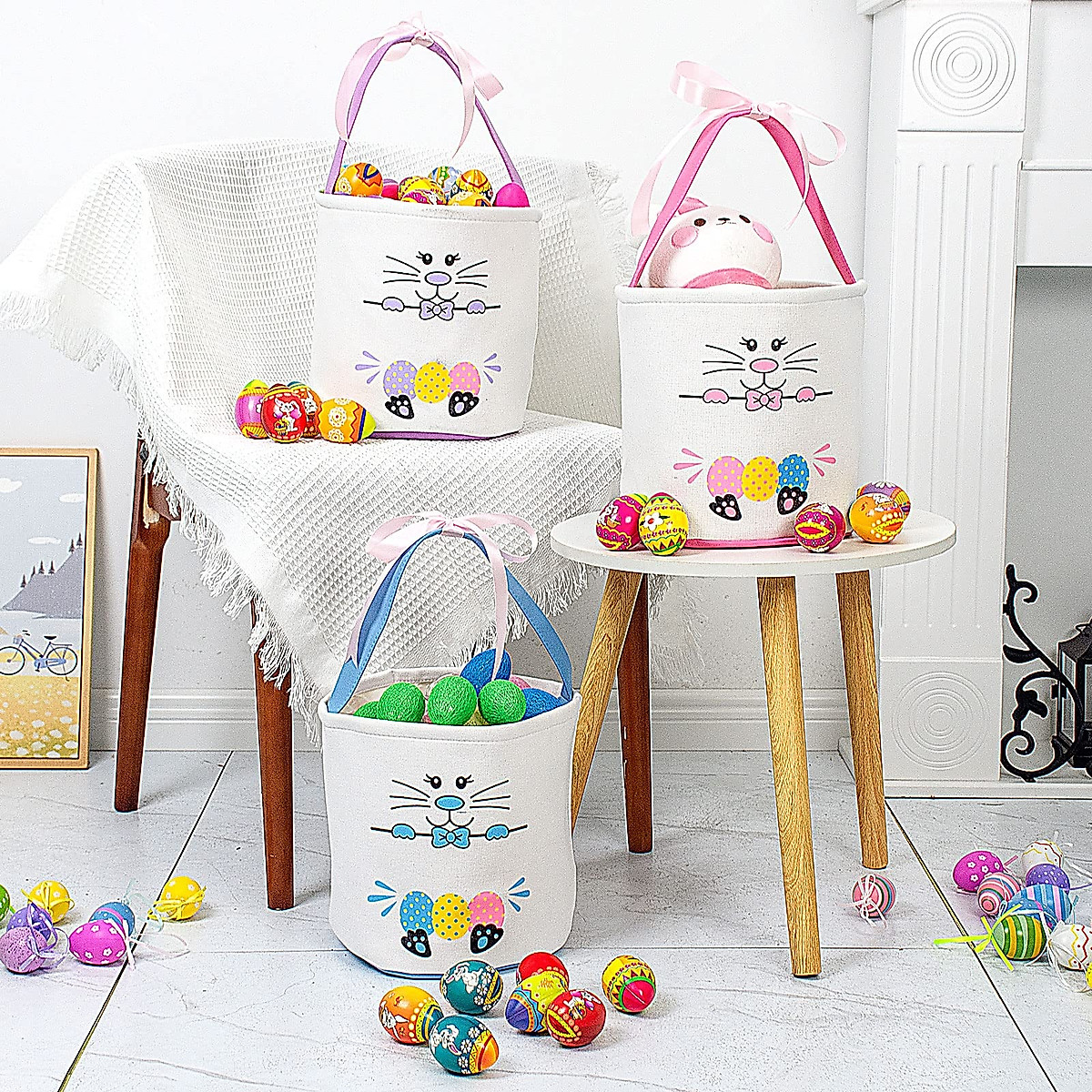 3 Pcs Easter Baskets for Kids - Easter Egg Bags Easter Candy Egg Hunt Basket Cute Rabbit Tote Bag for Kids Easter Decorations Eggs Candy