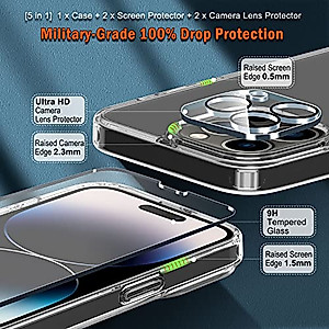 Jeywiry [7 in 1 for iPhone 14 Pro Max Case, with 2 Pcs Screen Protector ＆ 2 Pcs Camera Lens Protector, Slim Thin Shockproof Case 6.7" [Military Grade Drop Protection] [Not Yellowing] - Crystal Clear