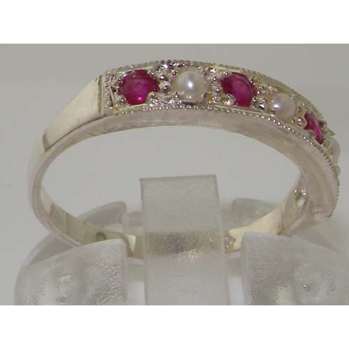 LetsBuyGold 925 Sterling Silver Cultured Pearl and Ruby Womens Band Ring - Sizes 4 to 12 Available