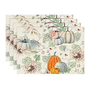 Artoid Mode Pumpkins Leaves Floral Fall Placemats Set of 4, 12x18 Inch Seasonal Autumn Thanksgiving Table Mats for Party Kitchen Dining Decoration