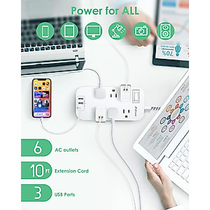 Power Strip - 10 FT Long Flat Plug Extension Cord, 6 Outlets 3 USB Ports Outlet Extender with Overload Protection, Wall Mount, Desktop Charging Station for Home, Office and Dorm Essential