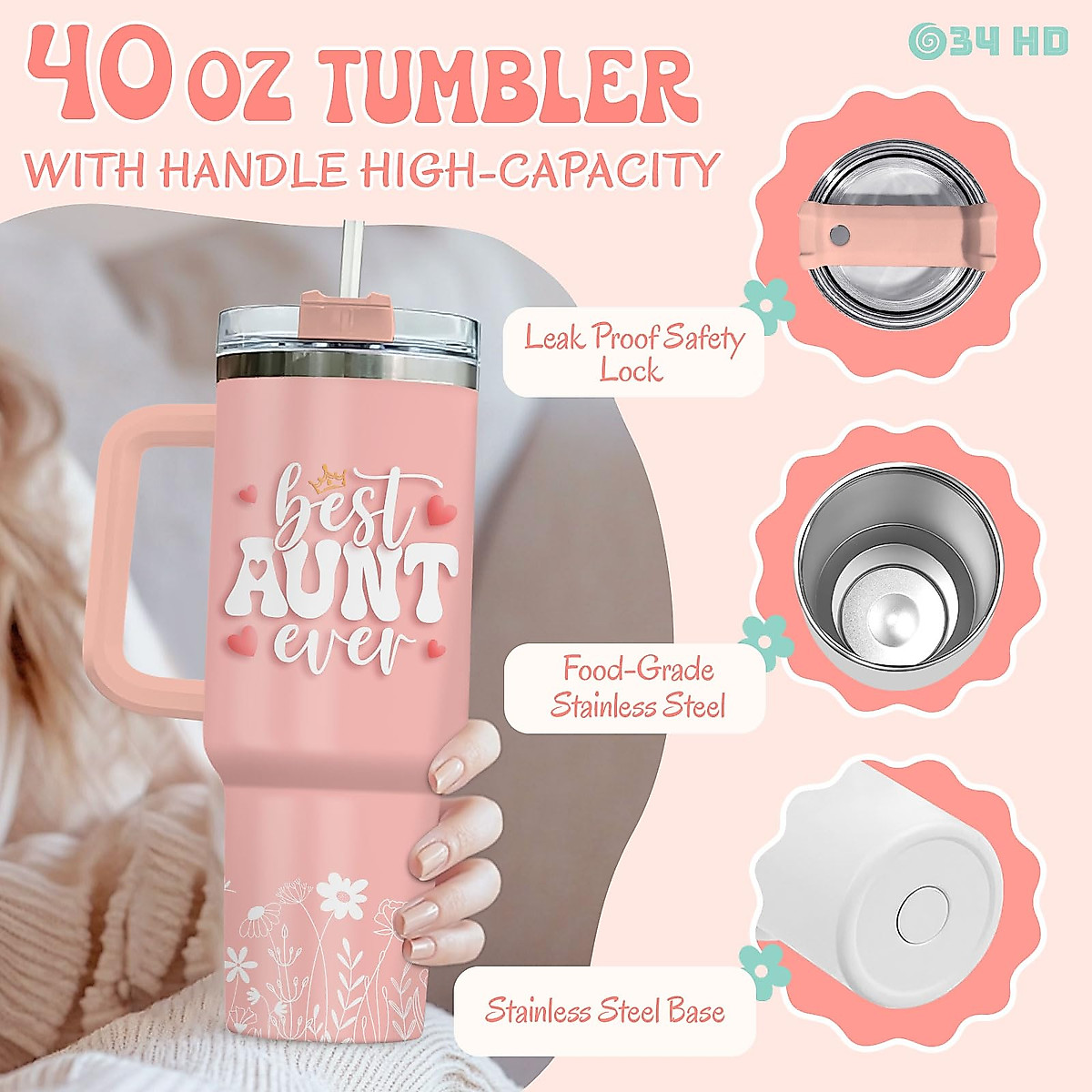 34HD Best Auntie Ever Tumbler with Handle and Straw, 40oz Stainless Steel Aunty Mug, Aunt Coffee Cup, Aunt Birthday Mothers Day Gifts from Nieces and Nephew