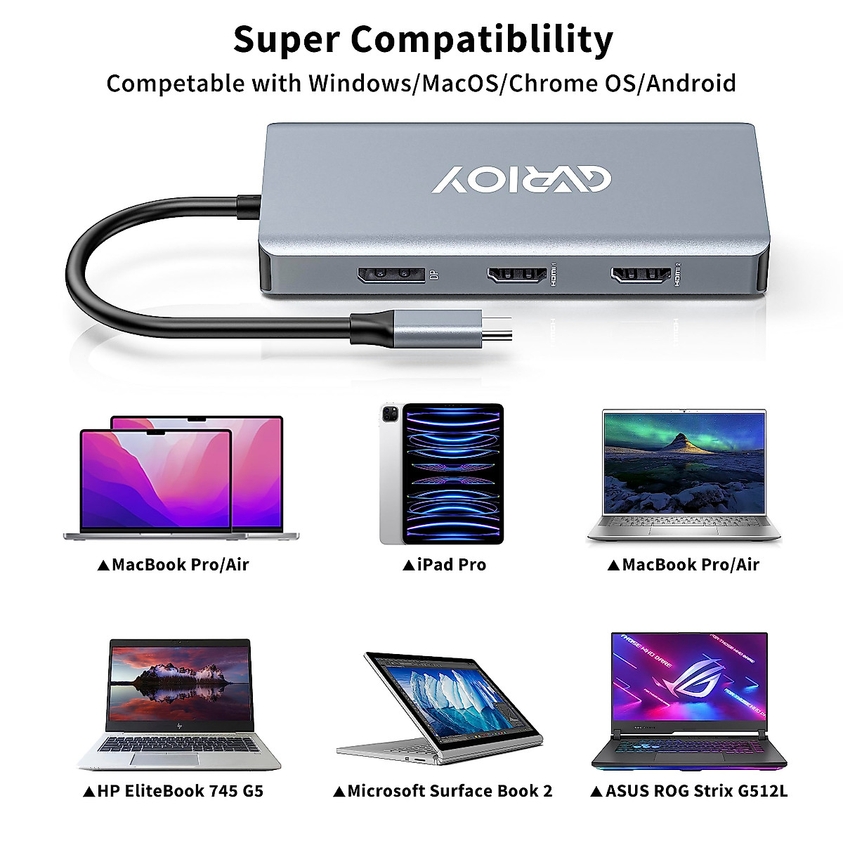 USB C to Dual HDMI Adapter, Multi Display Docking Station Dual Monitor with 2 HDMI, Displayport, 100W PD, 3 USB Ports, USB C Hub Multiport Dongle Compatible with MacBook/Dell/HP/Lenovo Laptops