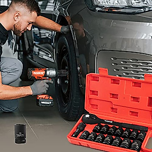 Meiwaltee 1/2-Inch Drive Metric Shallow impact Socket Set,16 PCS Metric 10-24mm Set,Includes 72-Tooth Ratchet and 3'' Extension Bar,Cr-V, 6 Point