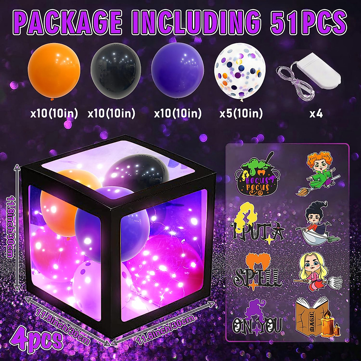 Hocus Pocus Party Decorations 4 Pieces Hocus Pocus Balloon Box with Purple LED Light Strings Hocus Pocus Decorations Hocus Pocus Party Supplies