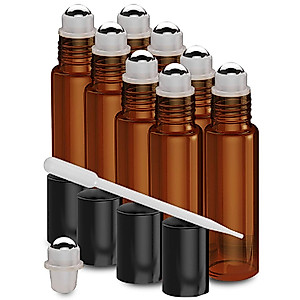 Nylea 8 Pack - Essential Oil Roller Bottles [Metal Chrome Roller Ball] FREE Plastic Pippette Refillable Glass Color Roll On for Fragrance Essential Oil - 10 ml 1/3 oz (Amber)