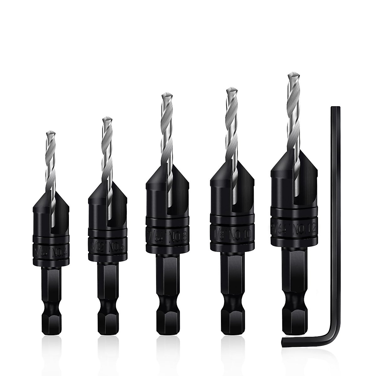 Countersink Drill Bit Set 5 pc,3in1 Woodworking Counterbore Hole Drill Bits,Tapered Countersink Bit,Depth Adjustable M2 Pilot Drill Bits, 82-Degree Chamfer, 1/4”Hex Shank
