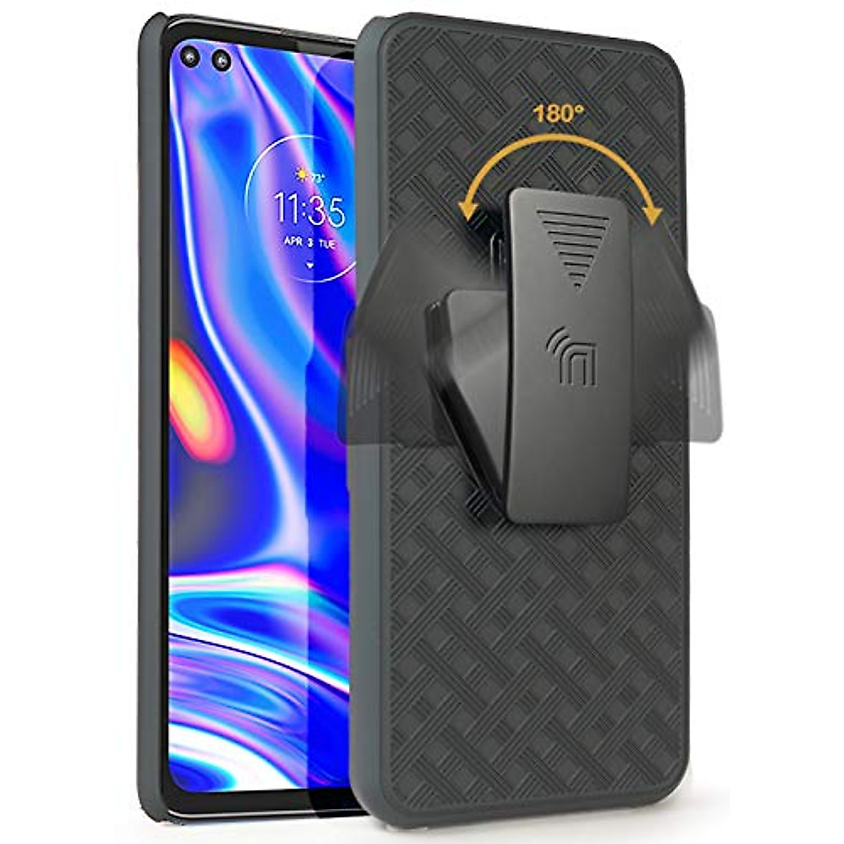Case with Clip for Moto One 5G, Nakedcellphone [Black Tread] Kickstand Cover with [Rotating/Ratchet] Belt Hip Holster Combo for Motorola Moto One 5G Phone (XT2075)