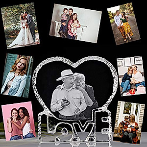 YWHL Laser Engrave Custom Couple Photo Frame, Personalized Your Own Picture Gift for Her, Crystal Love Heart Shaped Keepsake