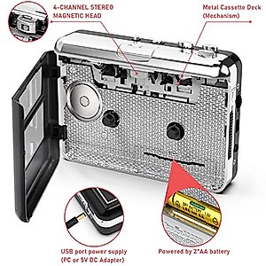 Cassette Tape Player - Portable Retro Walkman Cassette to Digital MP3 Converter Recorder, Convert Audio Music via USB to MP3 WAV Format with New Upgrade AudioLAVA Software, Compatible with Laptops&PCs