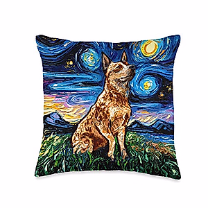 Sagittarius Gallery Red Heeler Starry Night Impressionist Cattle Dog Art by Aja Throw Pillow, 16x16, Multicolor