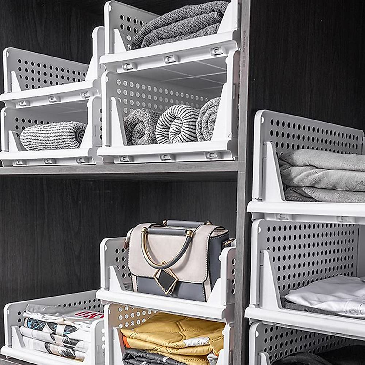 Folding and Stackable Storage Shelf | Foldable Drawer Organizer | Closet Wardrobe Organizer, Set of 4, White
