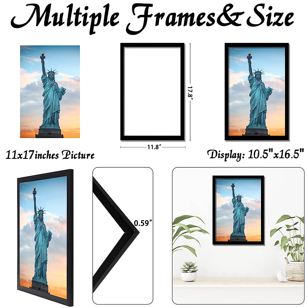 OMAIGAR 11x17 Picture Frame for 11by17 Poster Photo Canvas Certificate Black High Transparent Poster Frame Wall Desktop Horizontal Vertical 11 x 17