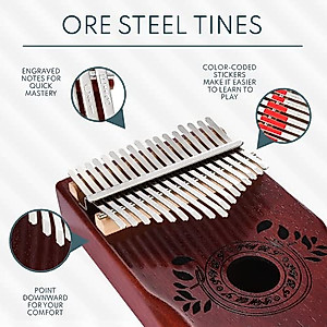 UNOKKI 17 Key Kalimba Thumb Piano For Adults & Kids with Hand Rest; Mahogany Mbira (Cherry Finish); Tuning Hammer, Finger Covers, Key Stickers & More Included; Christmas Stocking Stuffer Gift