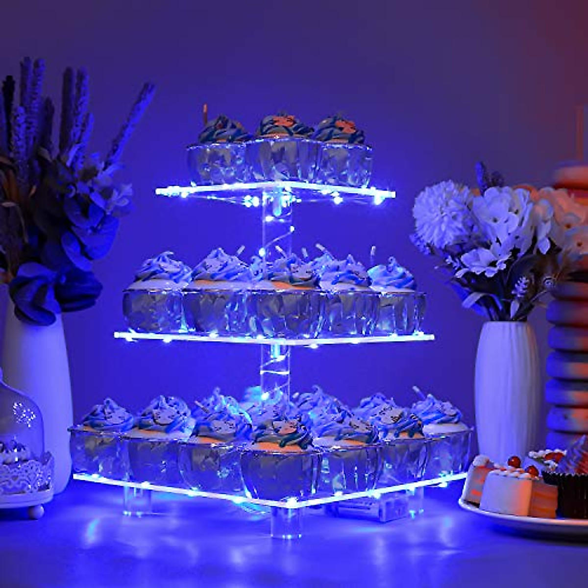 YestBuy 3 Tier Square Cupcake Stand - Premium Cupcake Holder - Acrylic Cupcake Tower Display - Cady Bar Party Décor + LED Light String - Ideal for Weddings, Birthday Parties(Blue Light)