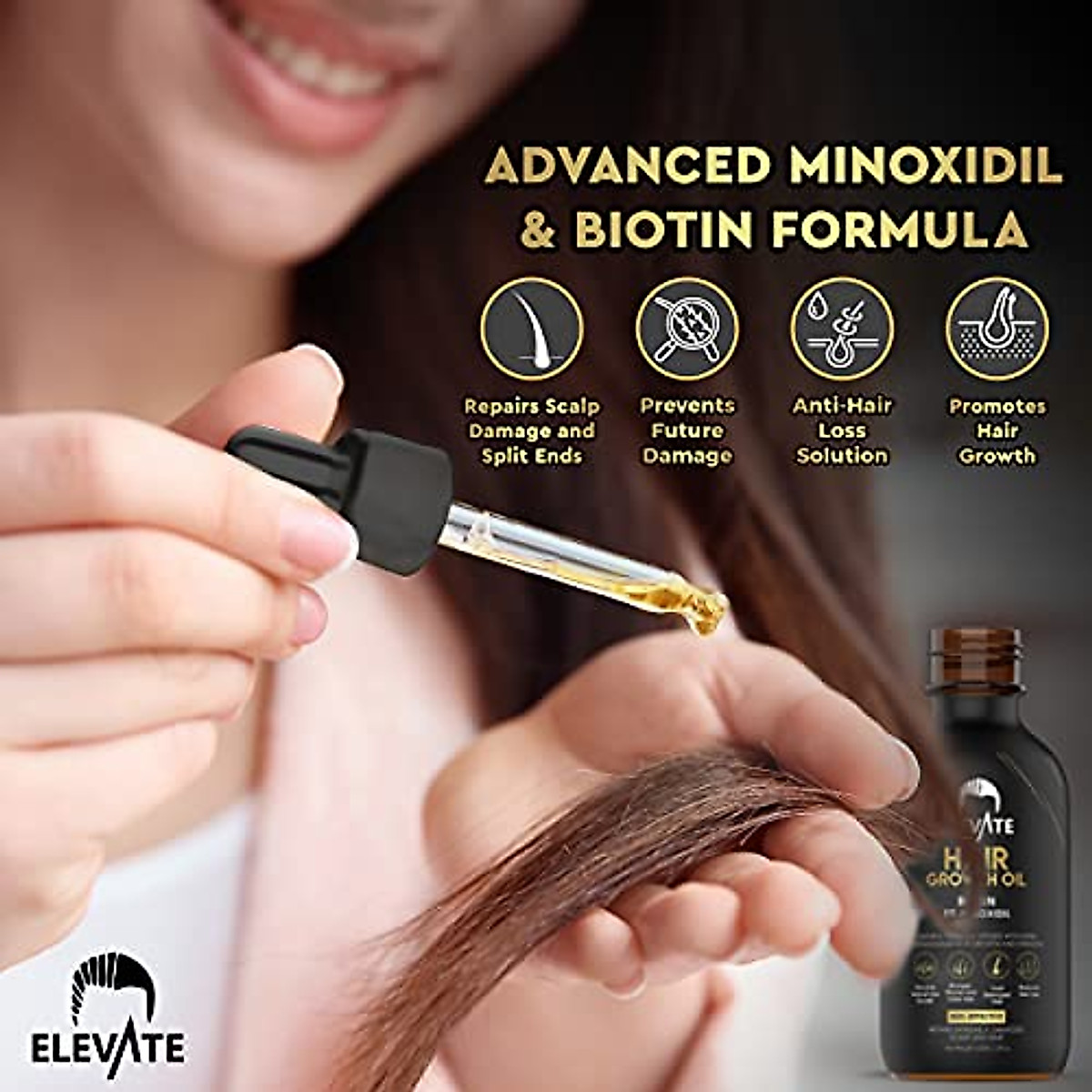 ELEVATE Hair Growth Oil - Biotin Hair Growth Serum & 5% Minoxidil Treatment for Stronger Thicker Longer Hair – Natural Hair Growth Thickening Treatment - Stop Thinning & Hair Loss for Men & Women 1oz