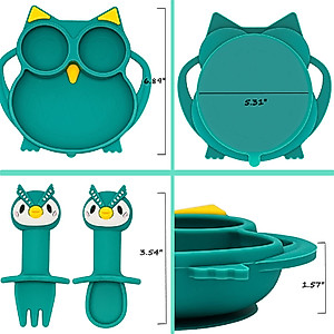 KAVONOI Suction Plate for Baby, Silicone Divided Plates with Suction for Toddlers, Baby Spoon Fork Plate Set for Toddler Baby Dishes Kids Plates and Utensils- Blue Owl …
