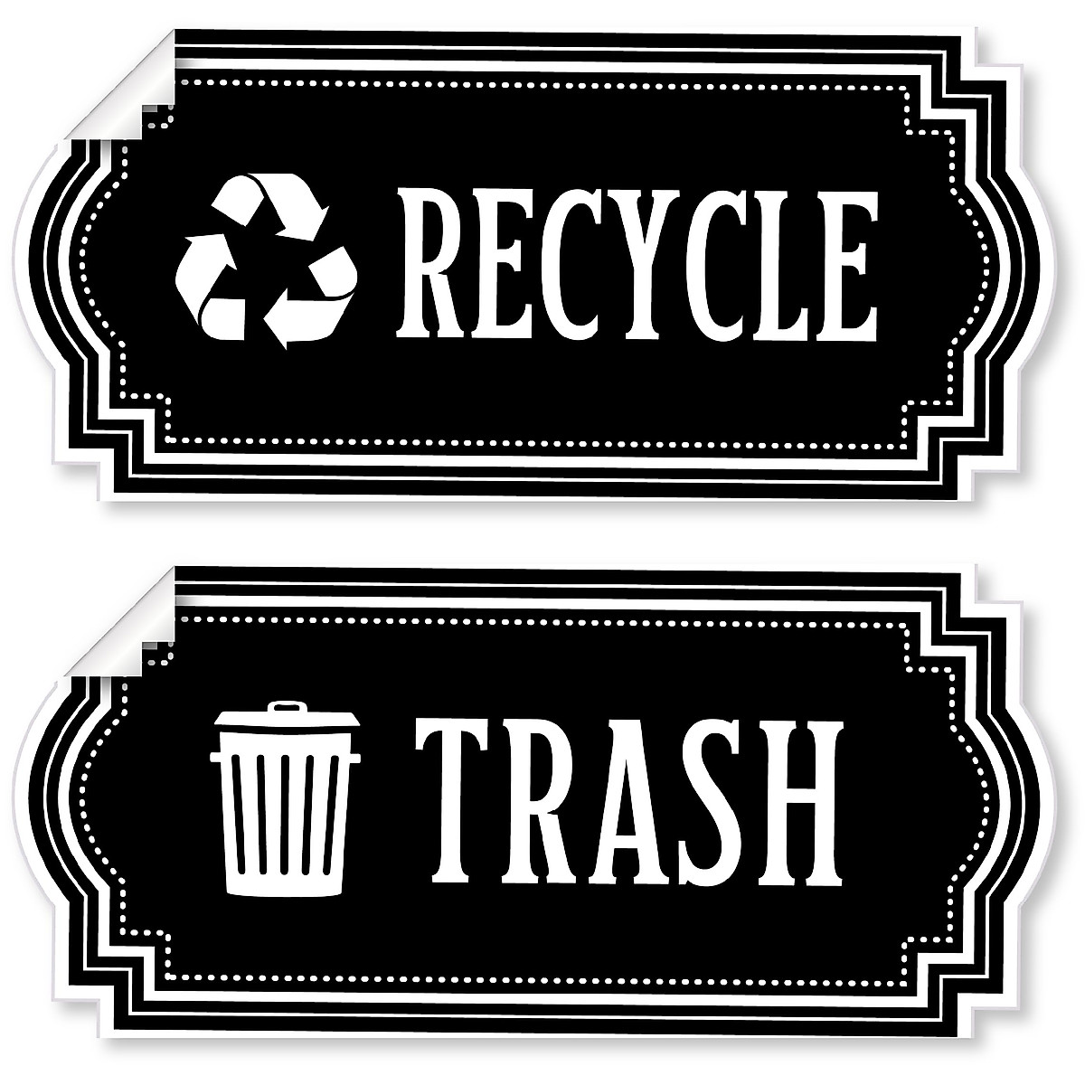 Recycle and Trash Stickers for Trash Cans - Black Premium Vinyl Recycling Bin Labels – 4 Pack - 4.75" by 2.25" Decals Logo - Waste Signs for Home Kitchen or Office Bins Indoor/Outdoor Use