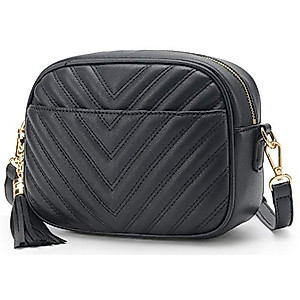 lola mae Quilted Crossbody Bag, Medium Lightweight Shoulder Purse Top Zipper Tassel Accent Black Bag (BLACK LM706V)