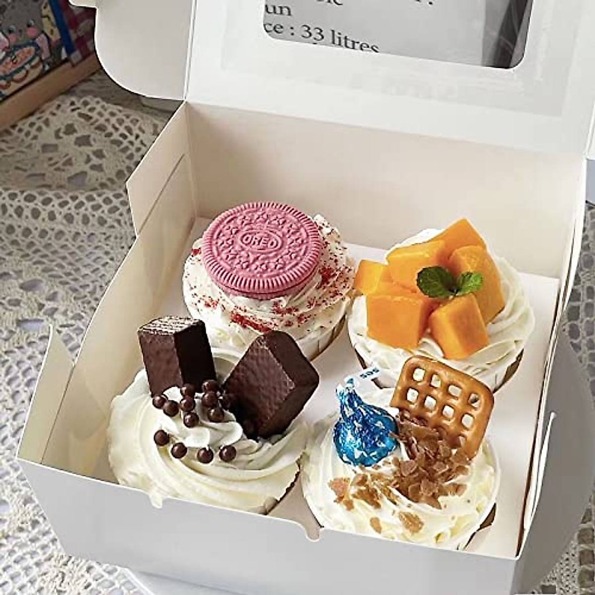Feelfine 30pcs Cake Boxes 6x6x3 Inches White Bakery Boxes with Window Small Pastry Boxes Cookie Boxes Dessert Boxes for Cookies, Strawberries, Cupcakes, Pastries, Donuts