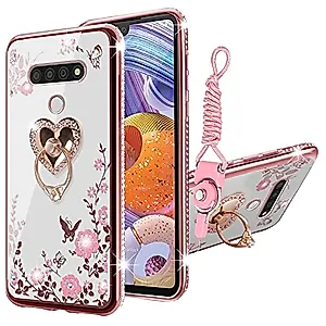 KuDiNi for LG Stylo 6 Case for Women Glitter Crystal Soft TPU Bling Cute Butterfly Heart Floral Clear Protective Cover with Kickstand+Strap for LG Stylo 6/LG K71/LG Stylus 6/LG Stylo 6(Rose Gold)