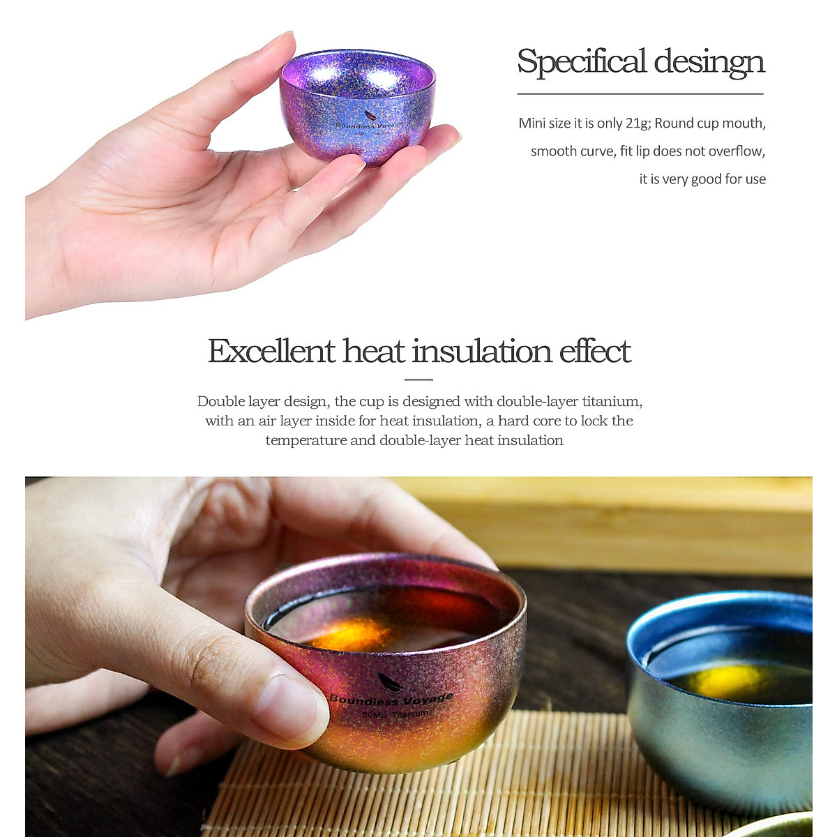 iBasingo&Boundless Voyage 30ml Titanium Double Layer Sake Cup Portable Tea Mug Wine Cup for Outdoor Camping Picnic Whiskey Flask Flagon Drinking Cup (Gold)-Ti3082D