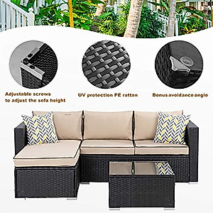 Shintenchi Outdoor Wicker Patio Sofa Set, Black All-Weather Rattan Small Sectional Patio Set and Chaise Lounge w/ Glass Table and Washable Couch Cushions Patio Conversation Set (3 Piece,Brown/Black)