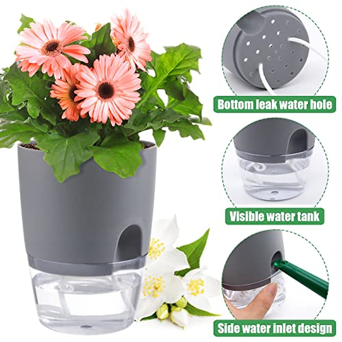 6 pcs Self Watering Plant Pots, 4.1/3.2 in Plastic Planter with Drainage Holes, Flower Pots for Indoor Plants, African Violet, Succulents, Herbs, Grey