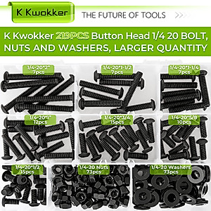 K Kwokker 1/4 20 Bolt and Nuts, 7 Sizes are 2", 1-1/2", 1-1/4", 1", 3/4", 5/8", 1/2", Button Head Hex Socket Cap Screws, Black, Full Machine UNC Thread, with Washers for Screws, 219Pcs Totally