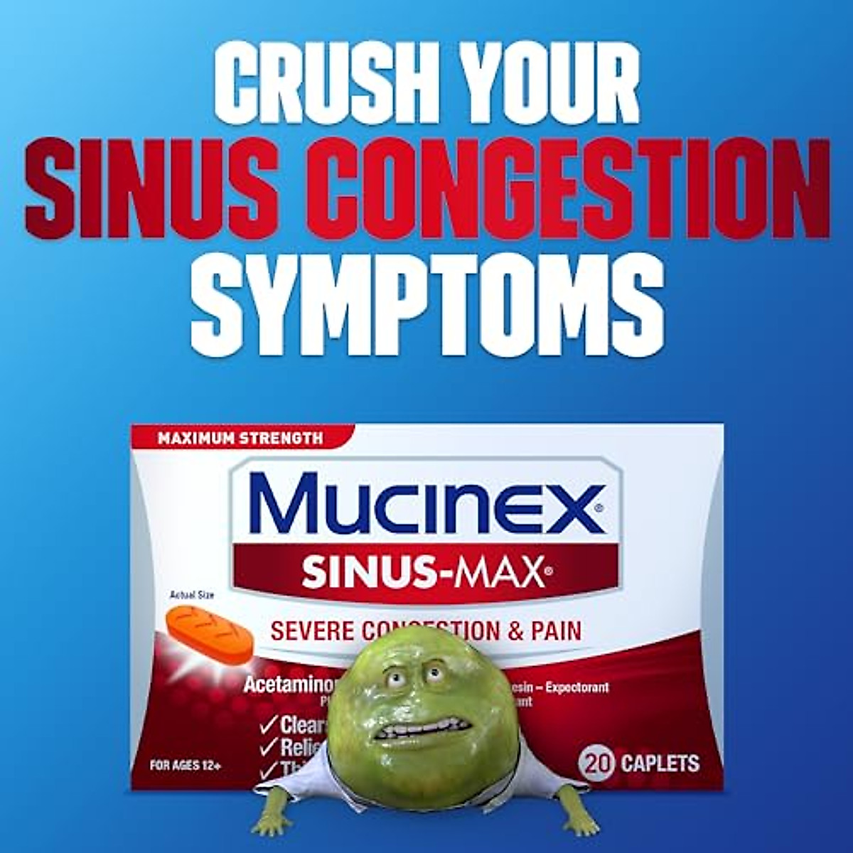 Mucinex Sinus Max Severe Congestion & Pain Relief, Maximum Strength Nasal & Sinus Relief, Decongestant for Adults, Acetaminophen Pain Reliever, Guaifenesin Expectorant and Mucus Removal, 20 Caplets