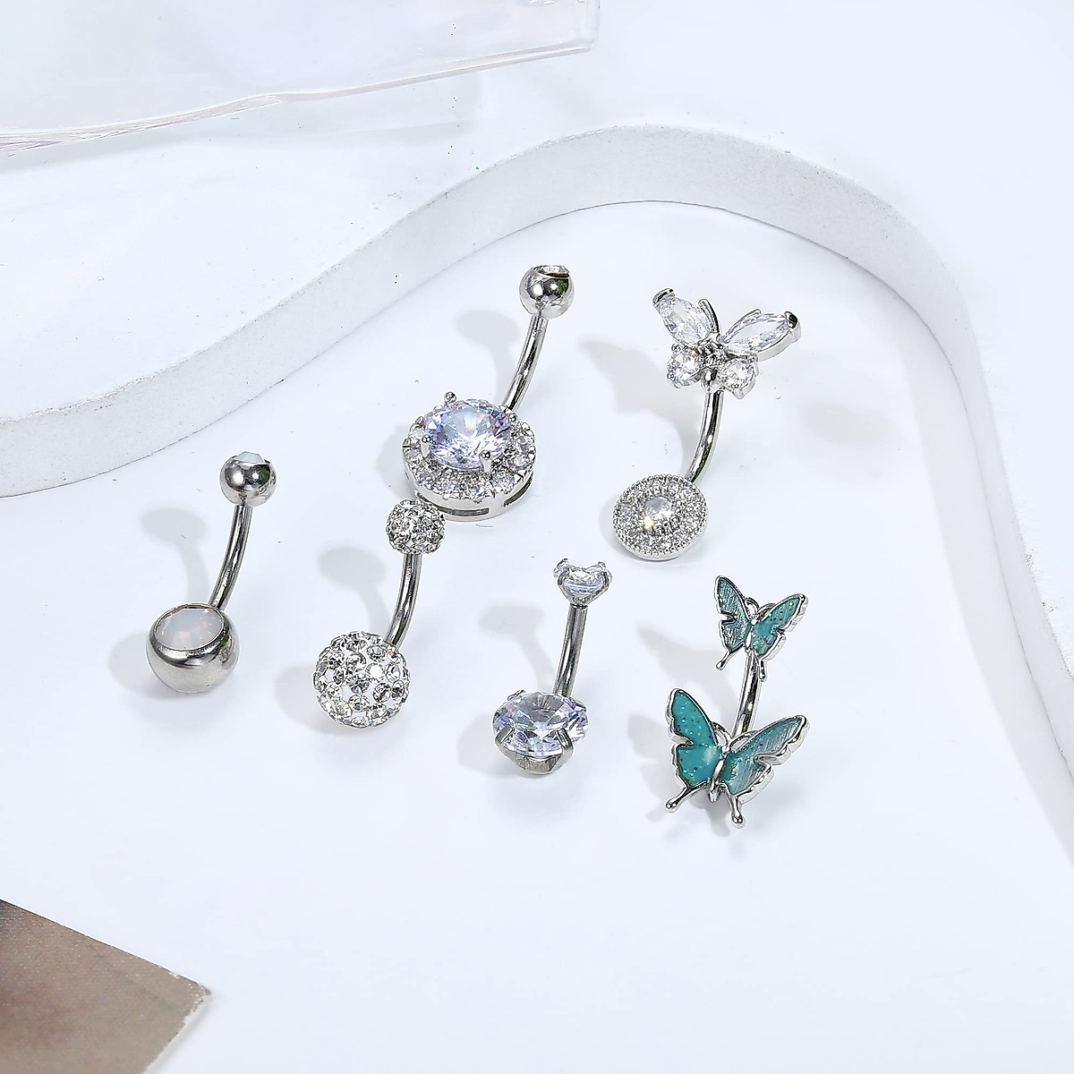 LOLIAS Belly Button Ring Surgical Steel Curved Navel Barbell Piercing Silver/Gold Plated Belly Rings for Women Navel Piercings Pack (Gold-Butterfly)