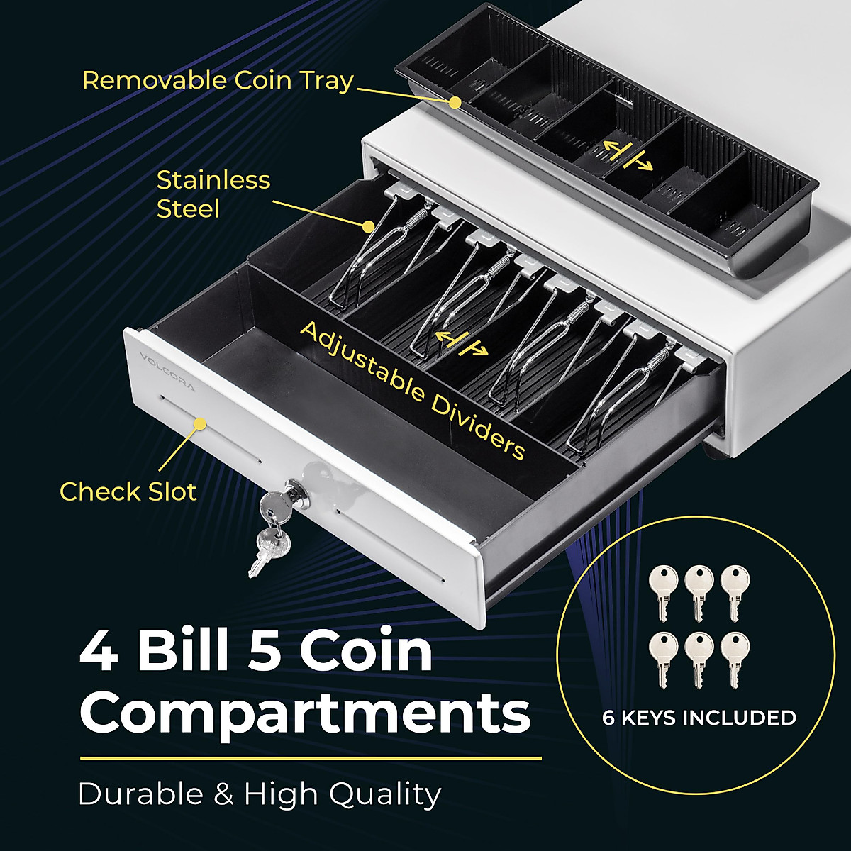 Volcora 13" Manual Push Open Cash Register Drawer for Point of Sale (POS) System - White with Stainless Steel Front Touch Panel - with 4 Bills and 5 Coin Slots, Fully Removable Money Tray