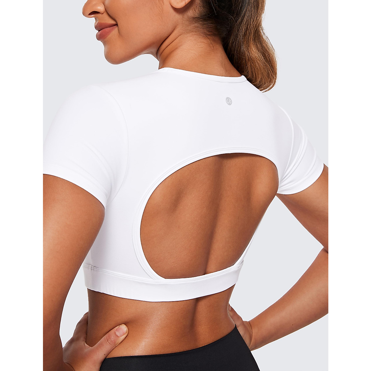 CRZ YOGA Womens Butterluxe Double Lined Open Back Crop Tops Backless Short Sleeve Workout Shirts Casual Tight T-Shirts White Medium