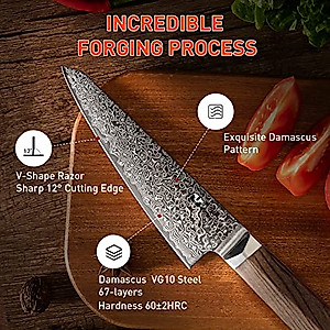 FUJUNI Chef Knife 6 inch, Professional Chef Knife VG 10 Damascus Super Steel 67-Layer Razor Sharp Kiritsuke Knife with Natural Wood Handle