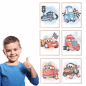 BigWig Prints Cars Poster Set - Cars Room Decor for Boys And Girls, Lightning Mcqueen Room Decor, Wall Art for Kids Bedroom, Sheriff Guido Lightning McQueen Mack Red Mater - 9 Pack (8x10”) Unframed