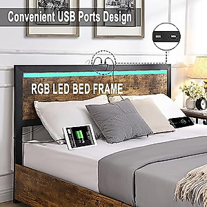 Ailisite Queen Size Bed Frame with Storage Drawers and 2 USB Ports, LED Queen Bed Frame with Headboard, Metal Platform Bed No Noise, Mattress Foundation Strong Metal Slats Support No Box Spring Needed