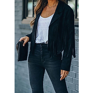 CHARTOU Casual Faux Leather Jacket Women Motorcycle Jacket Fringe Cropped Jacket Utility Tassel Suede Moto Jacket (Small,Black)