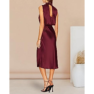 PRETTYGARDEN Women Summer Formal Mock Neck Sleeveless Satin Dress Elastic Waist Slit Midi Wedding Guest Dresses 2023(Solid Deep Red,Small)