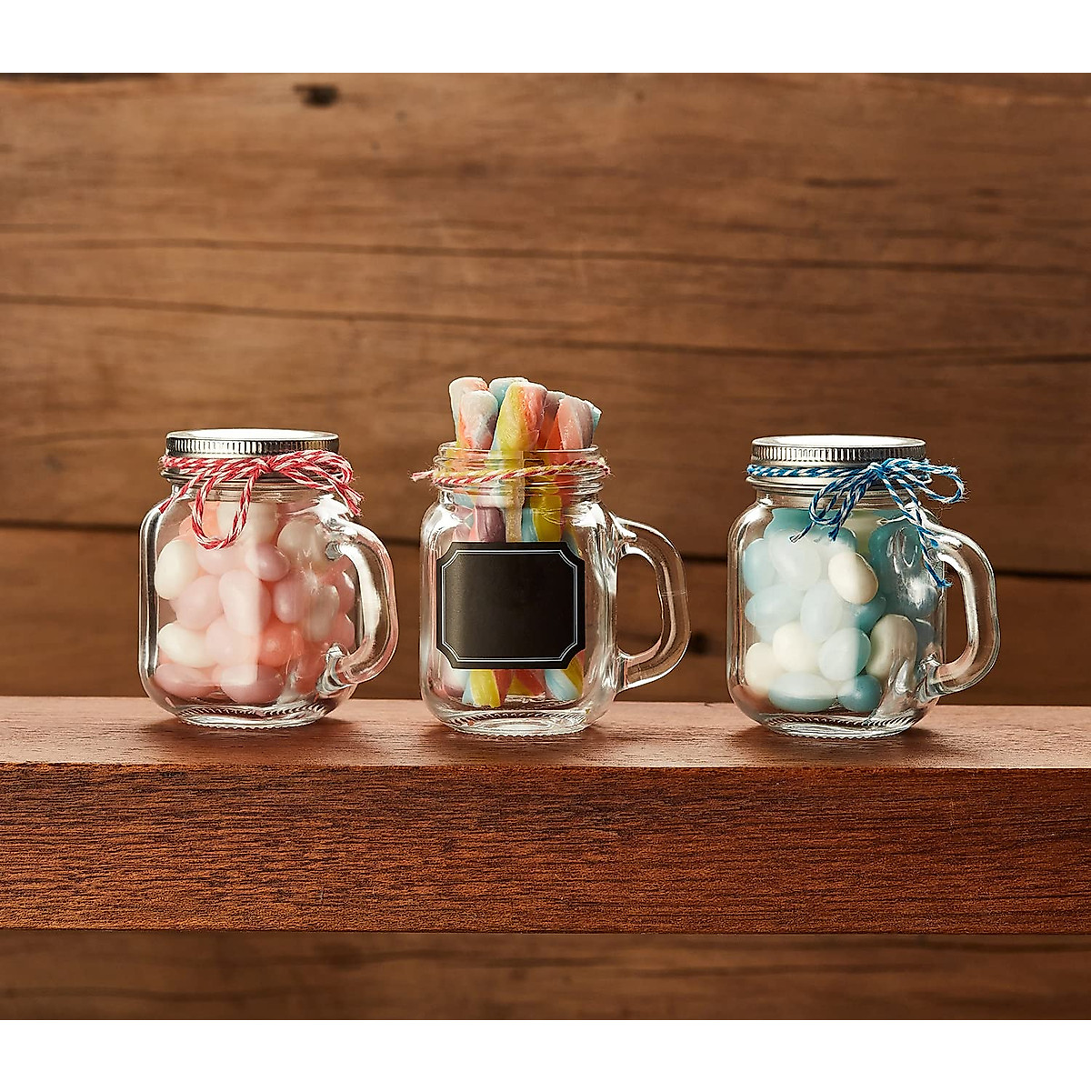 Hayley Cherie 2.5 oz Glass Mason Jars with Handles and Metal Lids, 10 pack, Air-tight, Small Favor Mugs with Chalkboard Labels for Drinks, Shots, Candy, Parties, Weddings, Gifts