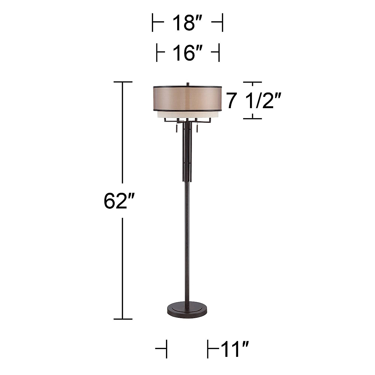 Franklin Iron Works Alamo Industrial Rustic Farmhouse Standing Floor Lamp 62" Tall Bronze Sheer Brown Organza Linen Fabric Double Drum Shades for Living Room Reading Bedroom Office House Home Decor