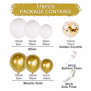 DIY White Gold Balloons Kit - 178 pcs Balloon Arch Garland Kit Include White Metallic Gold Confetti Balloons for First Communion Baptism Wedding Bridal Baby Shower Birthday Party Decorations Backdrop