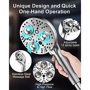Surpzon Filtered Massage Shower Head with Handheld Spray Combo, 10 Modes High Pressure Shower Heads with 3 Massage Beads, Detachable Shower Head with 59" Hose & Replaceable Filters for Hard Water