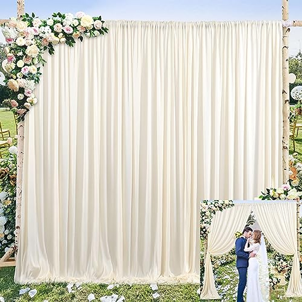 CO-AVE Champagne Backdrop Curtain for Parties 10x7ft Wrinkle Free Wedding Baby Shower Curtain Backdrop for Birthday Party Background Decorations White Chiffon Fabric Drapes 5x7ft, 2 Panels