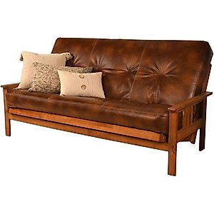 Pemberly Row 75" Traditional Full-Size Faux Leather Futon Mattress with Hinged Innerspring, Foam Construction, in Saddle Brown Finish, Frame Not Included