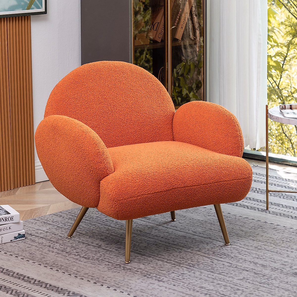 AISALL Accent Chair Orange with Golden Metal Legs,Reading Chair for Bedroom Comfy, Boucle Sherpa Chair for Living Room, Bedroom, Side Chair