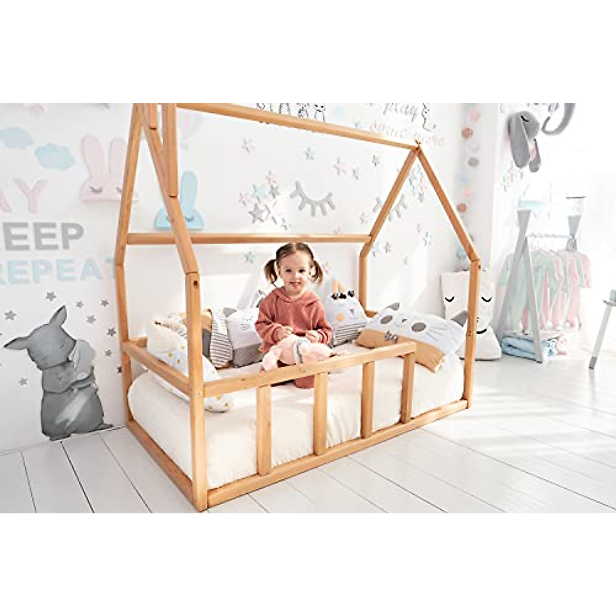 BUSYWOOD House Bed for Kids - Toddler Bed - Platform Bed Frame - Montessori Floor Bed - Full Size Bed - Queen Bedframe, Natural Wood (FLOOR BED FOR SLEEPING ONLY)