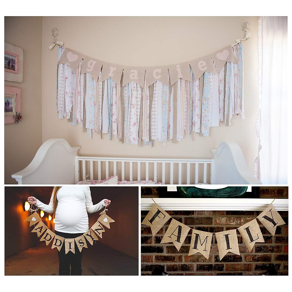 34Pcs Burlap Banner Adjustable Flags DIY Banners for Baby Shower, Party, Wedding and Birthday, 5 x 7 inch