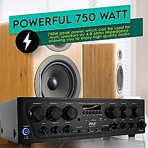 Pyle Bluetooth Home Audio Amplifier System-Upgraded 6 Channel 750 Watt Wireless Home Audio Sound Power Stereo Receiver w/USB, Micro SD, Headphone,2 Microphone Input w/Echo, Talkover for PA - PTA62BT.5